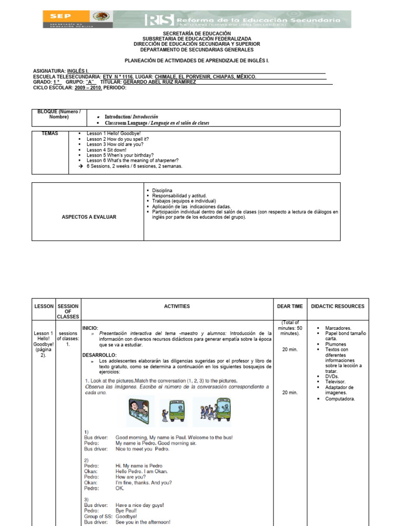 Secretaría de Educación (Planeación Inglés I TS) | PDF