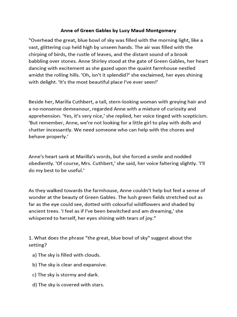 Comprehension - Anne of Green Gables | PDF