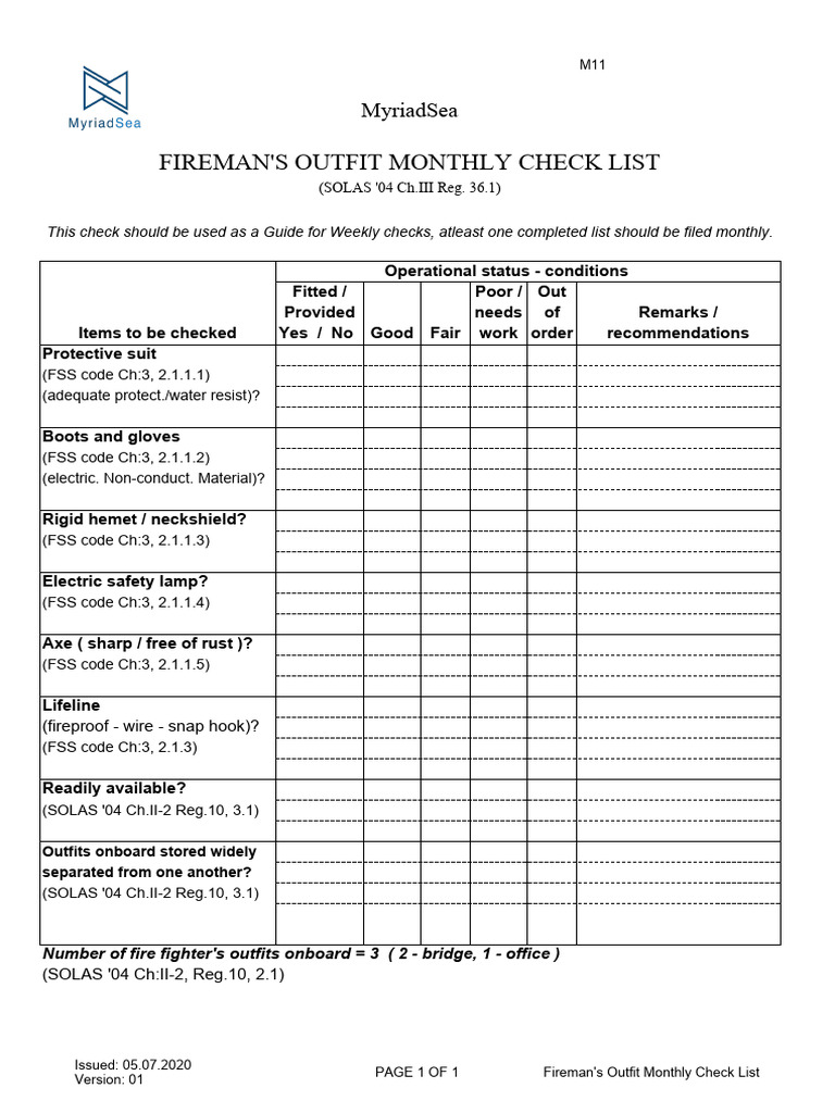 M11 Fireman's Outfit Monthly Checklist | PDF