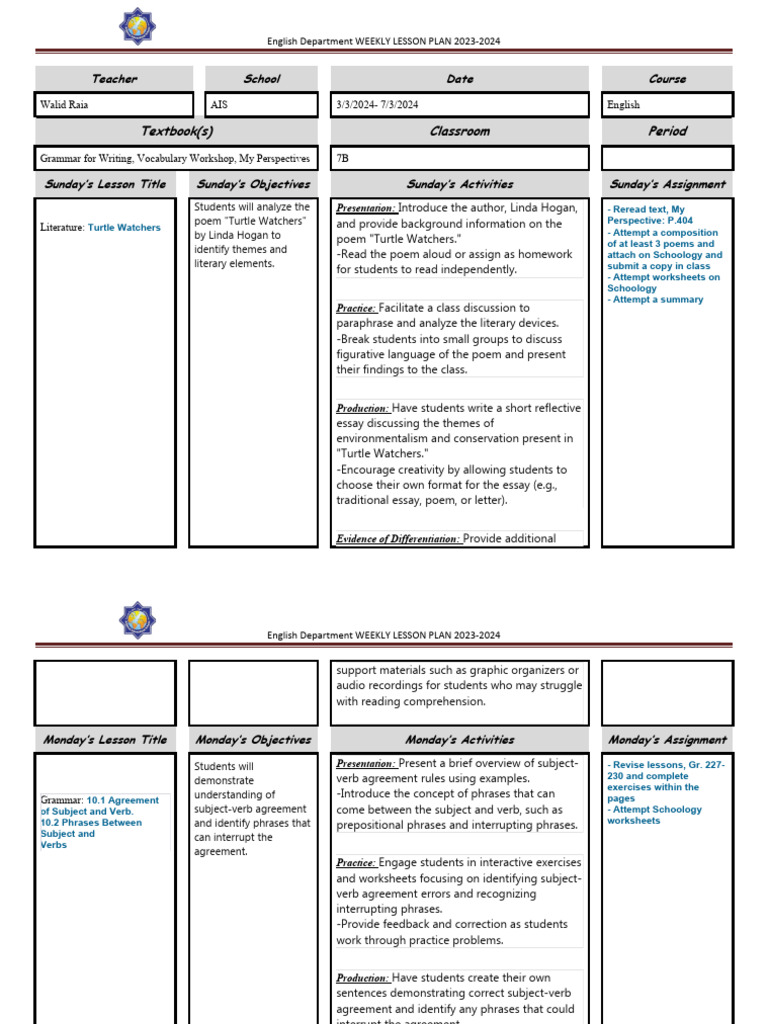 Weekly English Lesson Plan 2023-24 | PDF | Lesson Plan | Subject (Grammar)