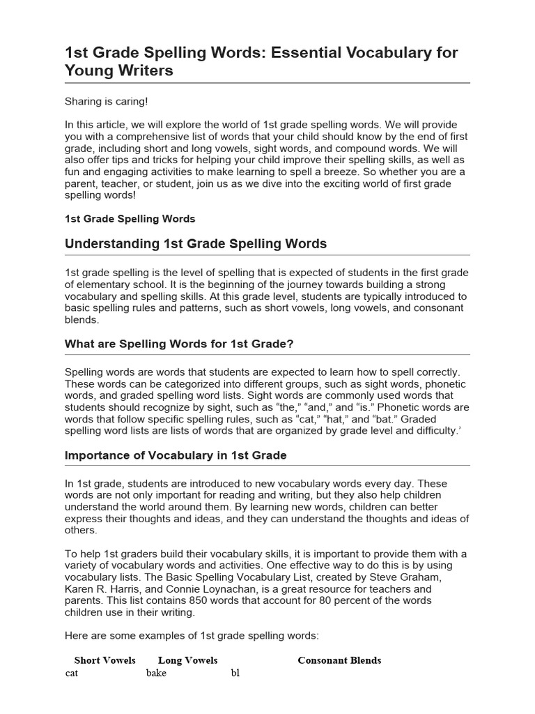 1st Grade Spelling Words | Download Free PDF | Phonics | Word