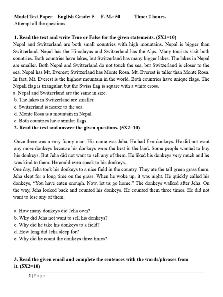 Model Test Paper English Grade 5 | PDF | Nepal | Switzerland