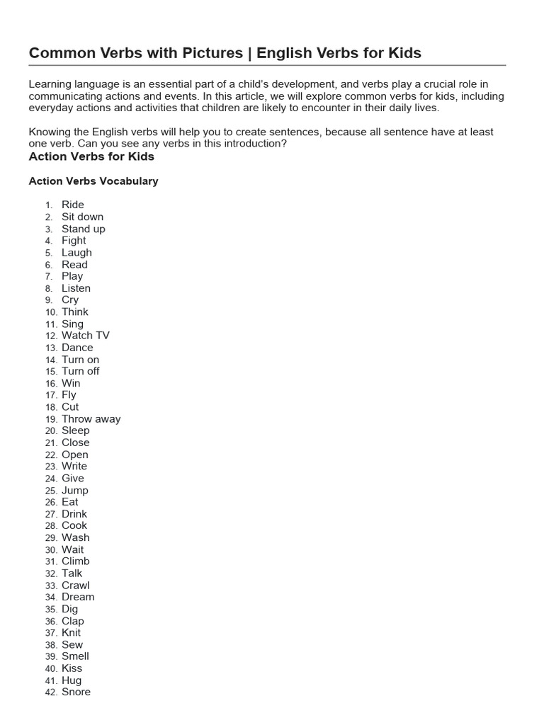 Verbs for Kids: Illustrated Guide | PDF | Bed