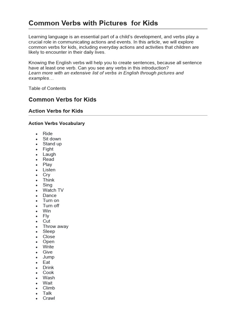 Common Verbs With Pictures For Kids | PDF