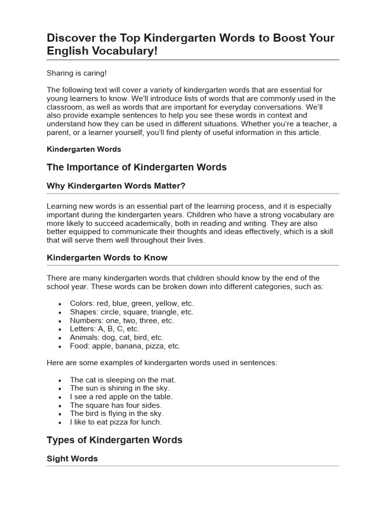 Discover The Top Kindergarten Words To Boost Your English Vocabulary ...