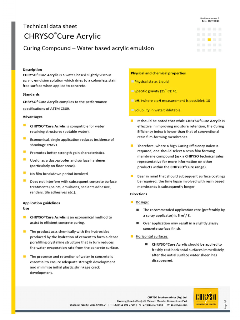 Chryso Cure Acrylic Tds | PDF | Concrete | Acrylic Paint
