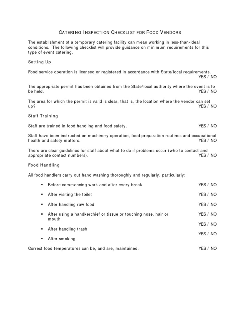Catering Inspection Checklist | PDF
