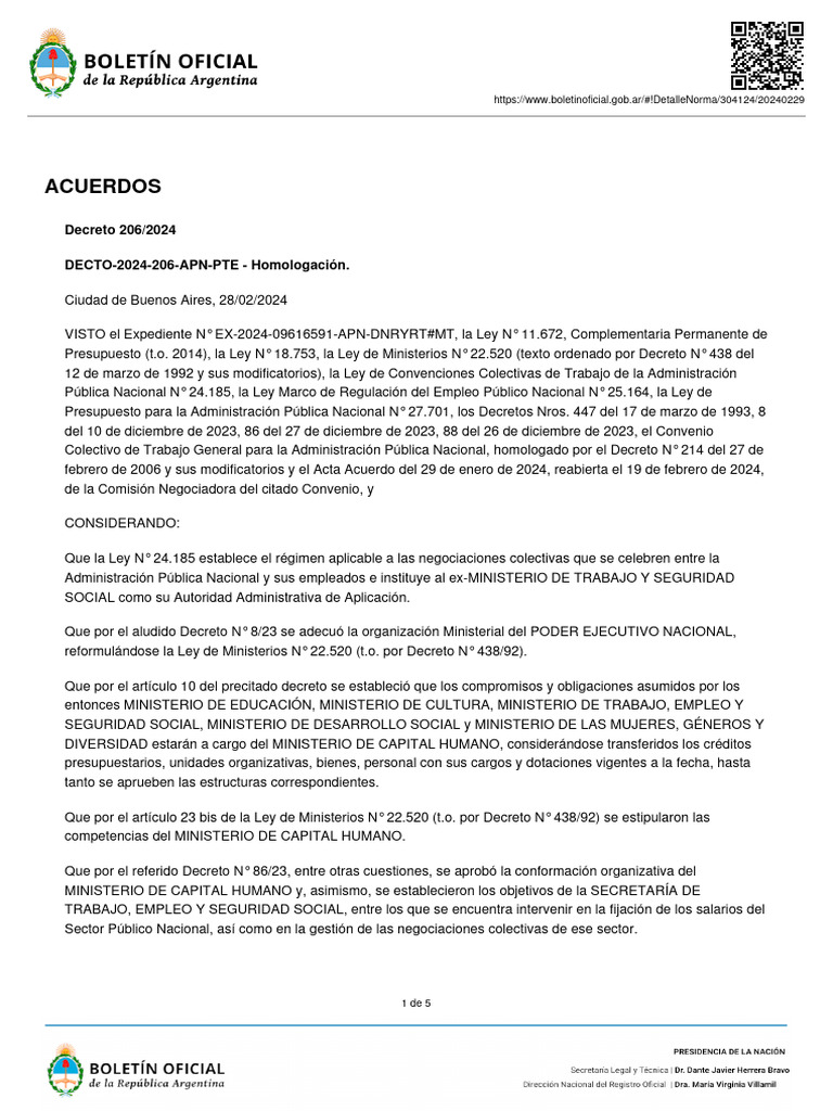 Acuerdos: Decreto 206/2024 DECTO-2024-206-APN-PTE - Homologación | PDF ...