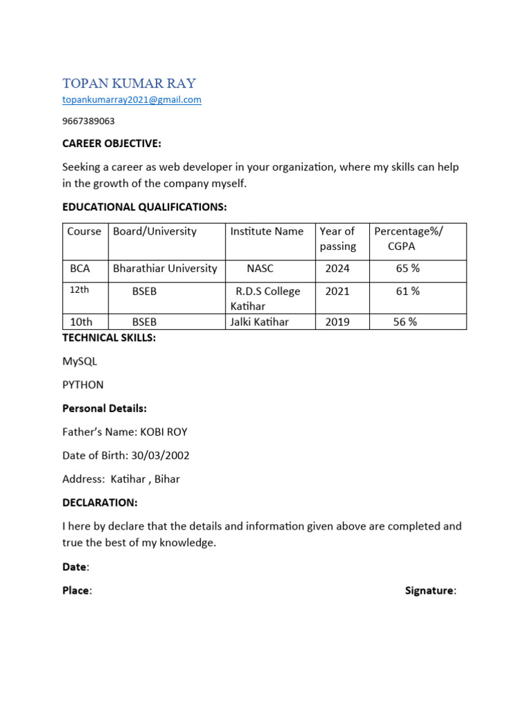 Web Developer Career Aspirant | PDF | Business | Finance & Money Management