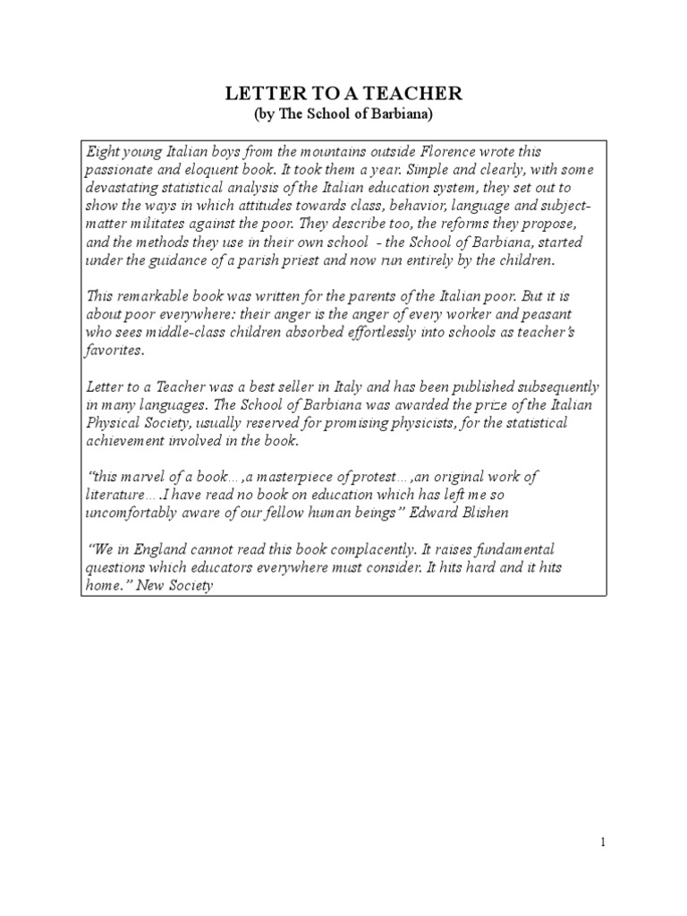 Summary of "Letter to a Teacher" | PDF