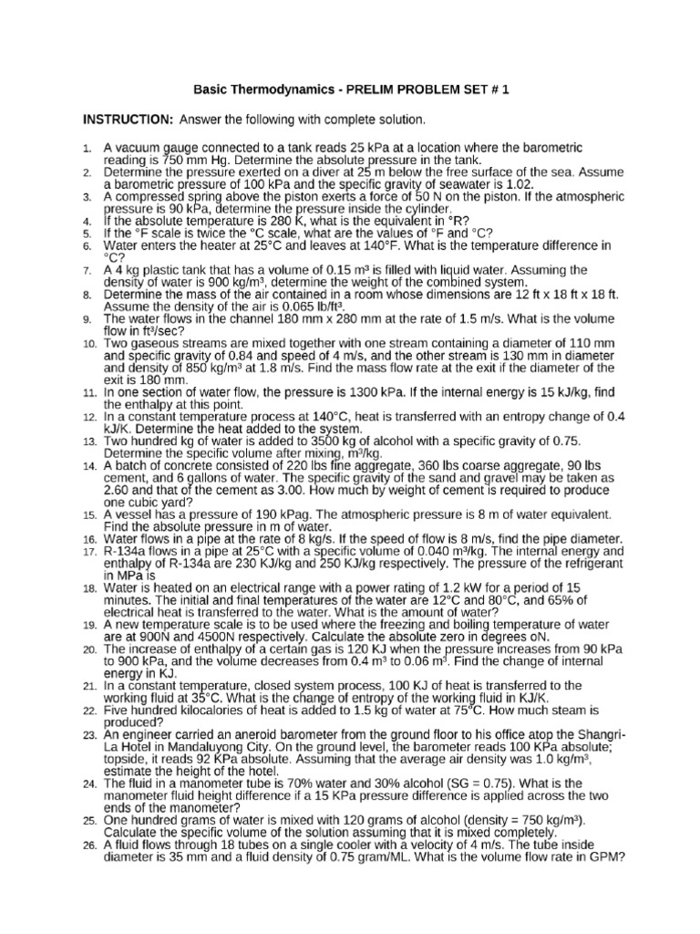 Basic Thermodynamics Problem Set 1 1 | PDF