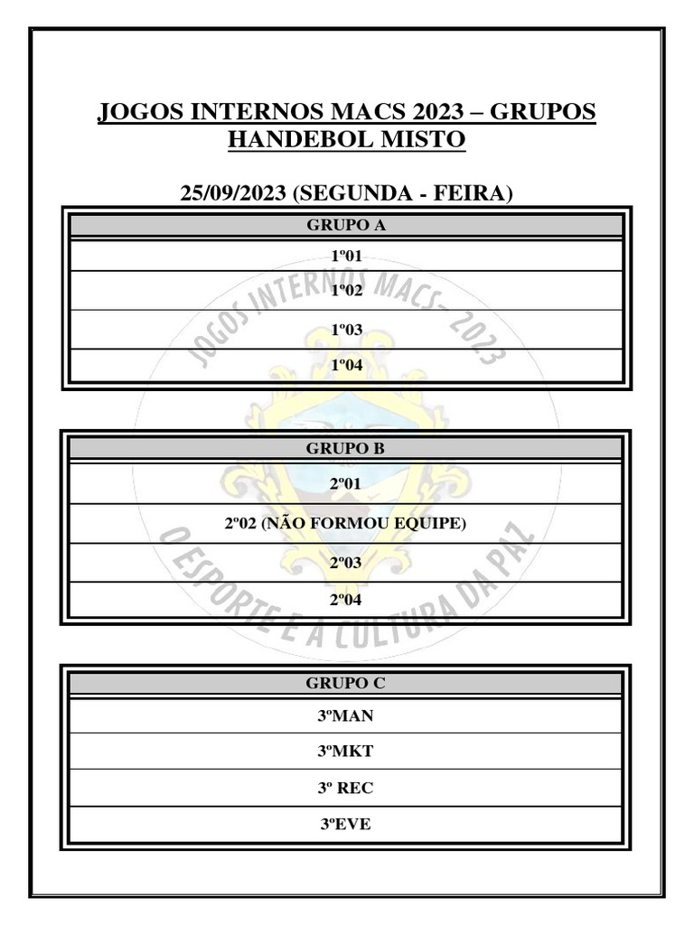 Tabela Jogos Macs 2023 | PDF