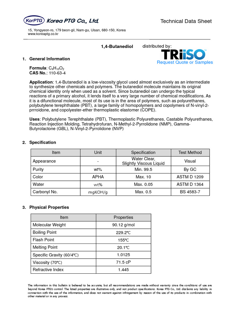 1,4-Butanediol TDS | PDF | Polymers | Polyurethane