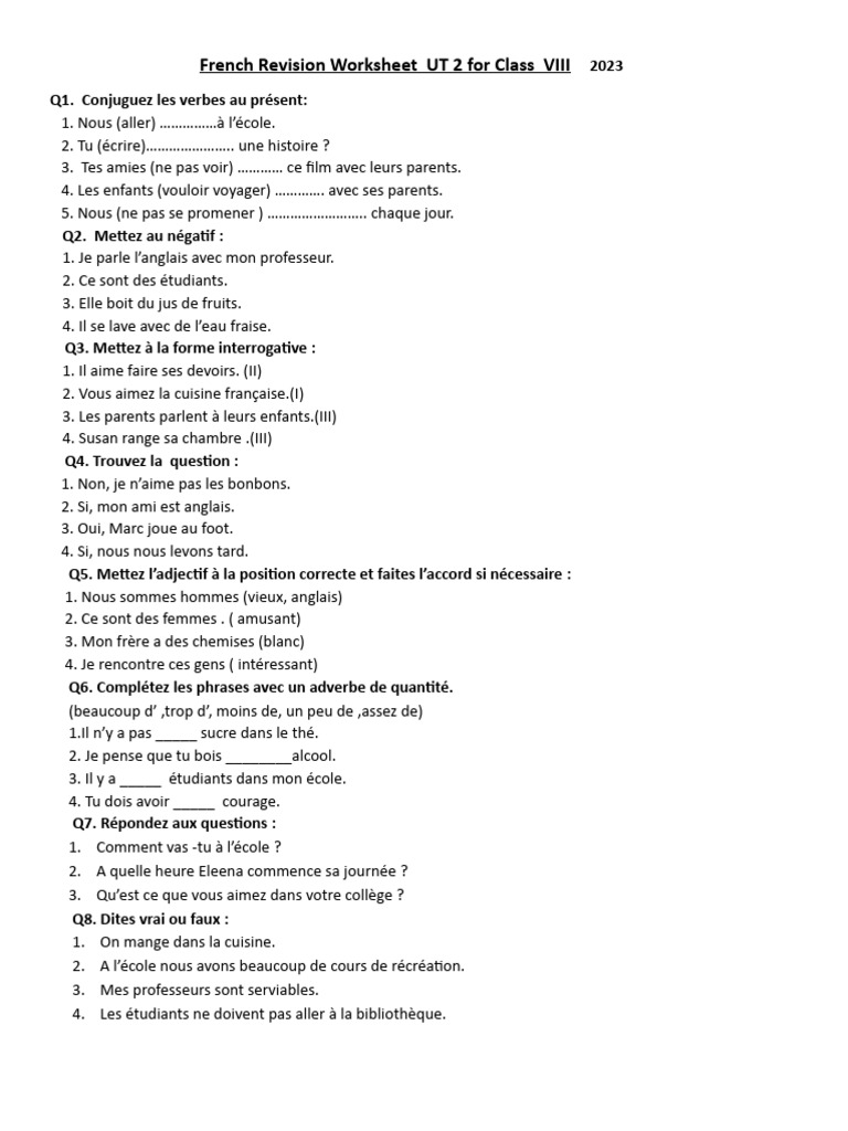 French Revision Worksheet UT 2 For Class VIII | PDF | Foreign Language ...