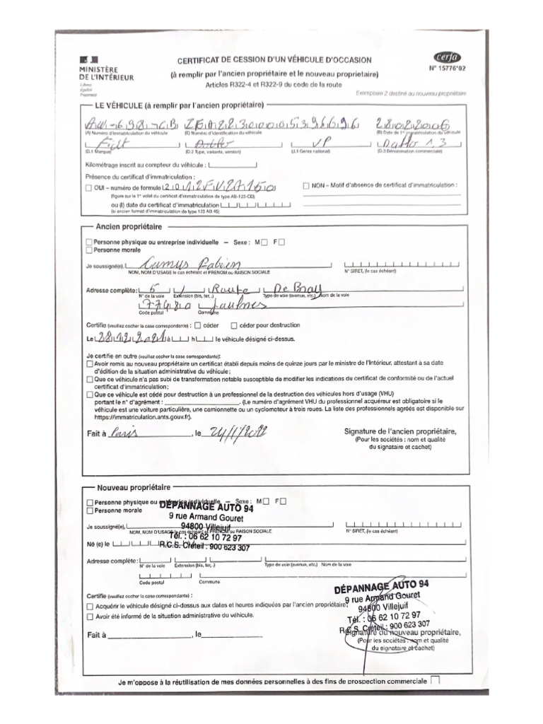 CERTIFICAT DE CESSION D'UN VÉHICULE D'OCCASION | PDF
