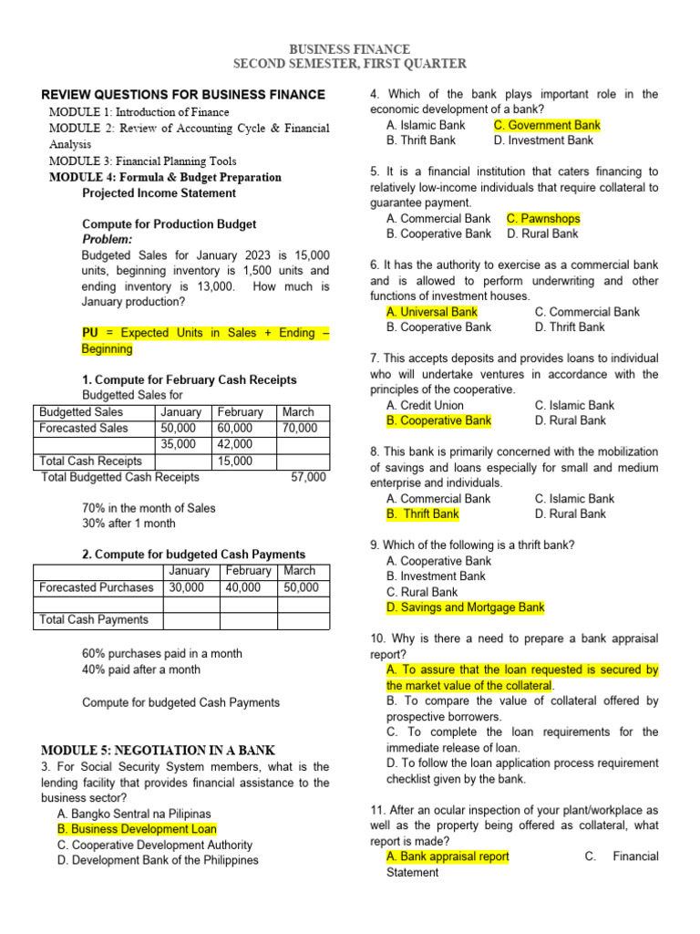 Business Finance Review (2nd Sem, 1st QTR) | PDF | Banks | Interest