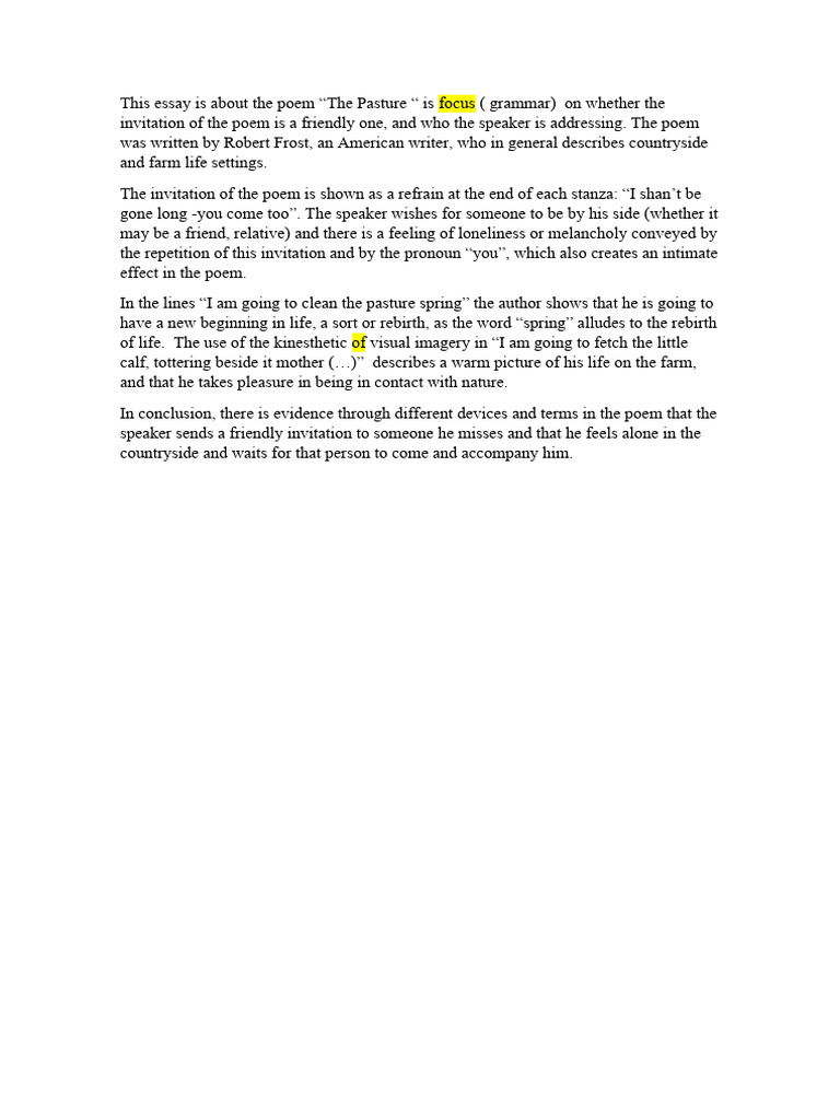 essay The pasture poem, by Robert Frost (1) | PDF