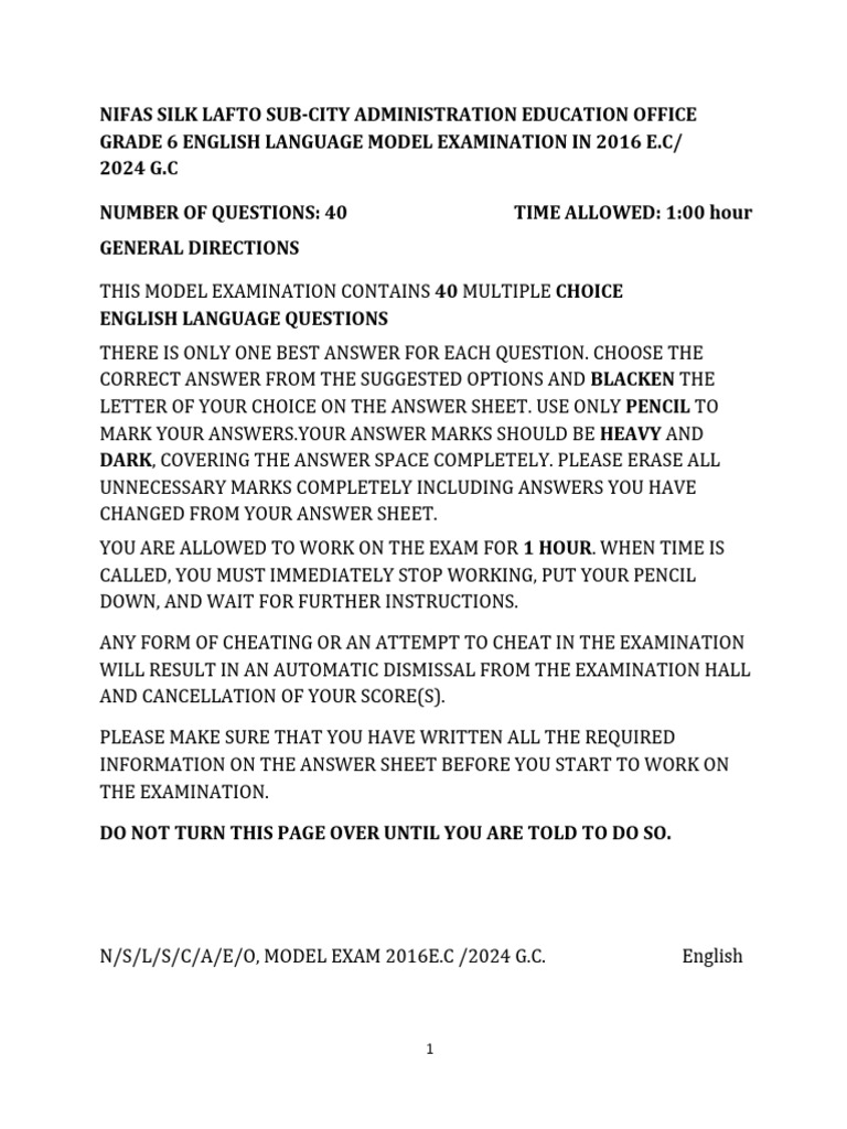 Grade 6 English Model Exam 2016 E.C. | PDF | Lion