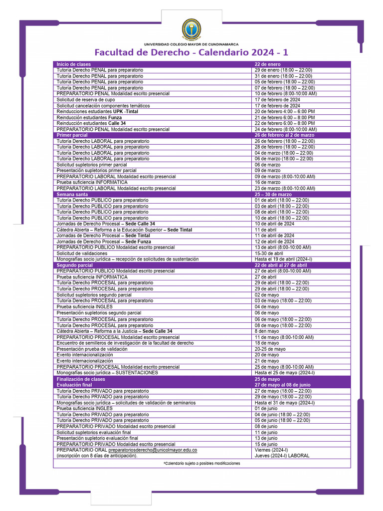 Calendario FacDer UCMC 2024-1 - Actualizado | PDF