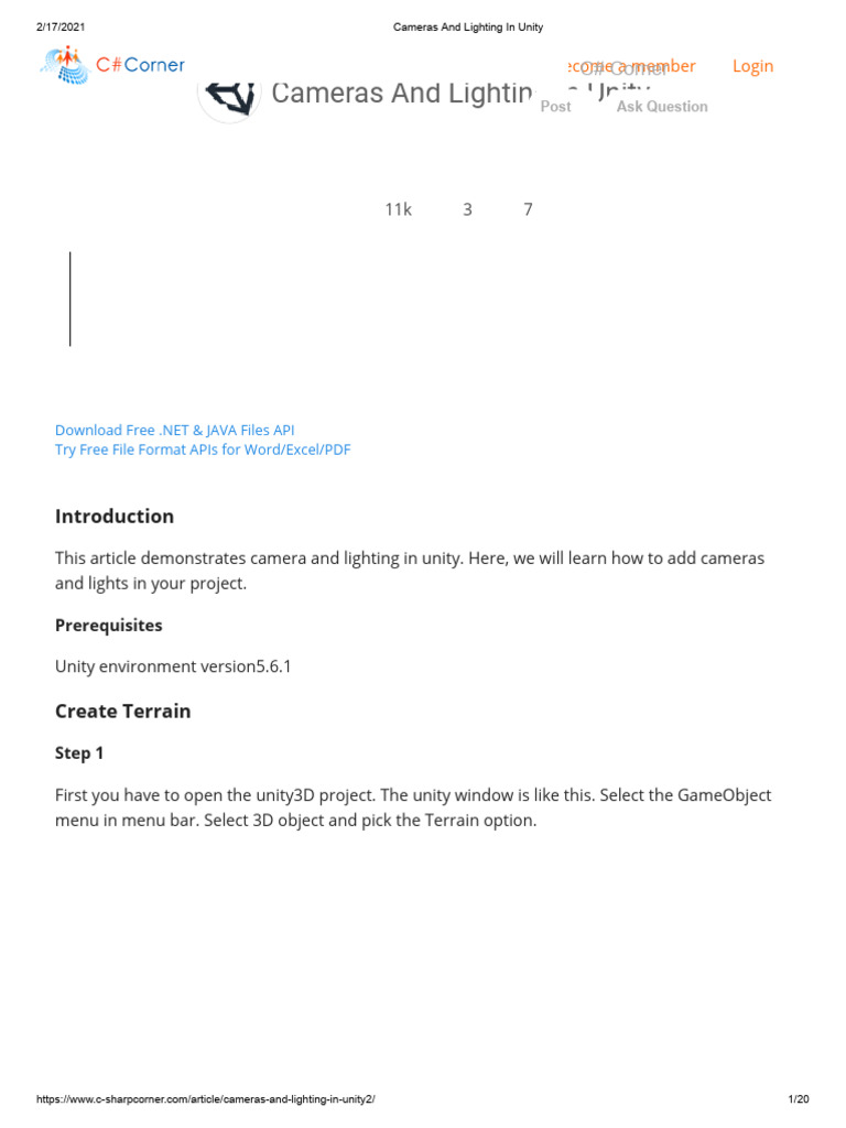 Lesson 1: Cameras and Lighting in Unity | PDF | C Sharp (Programming Language) | Camera