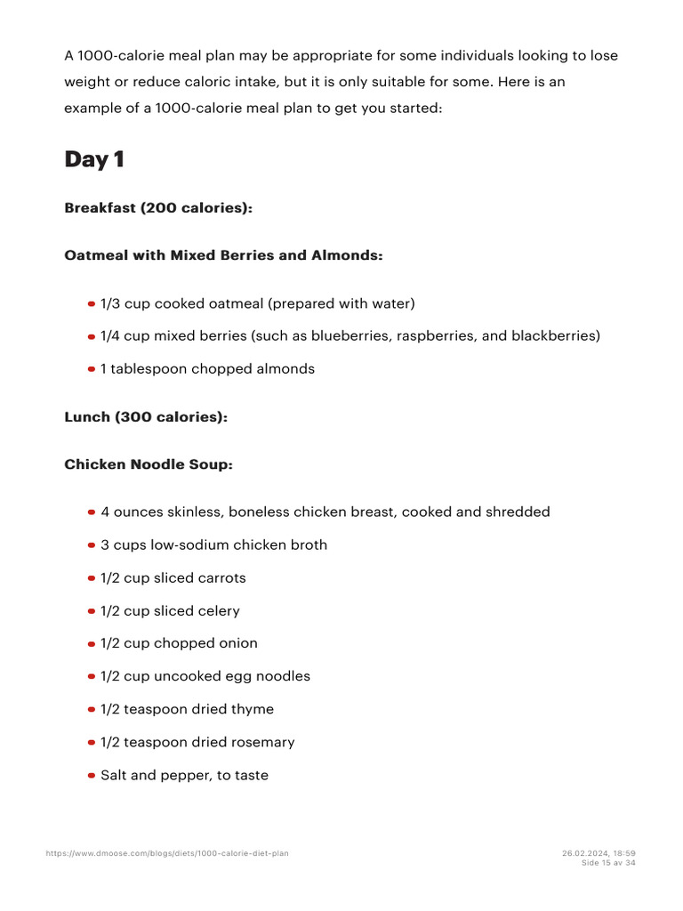 1000-Calorie Diet Meal Plan Example | PDF | Dieting | Weight Loss
