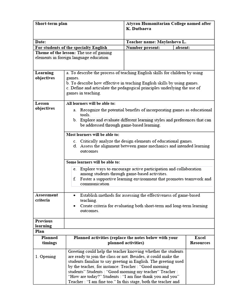 Lesson Plan | PDF | Learning | Teachers