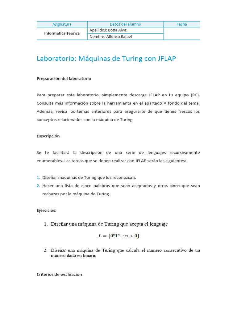 Laboratorio Máquinas de Turing Con JFLAP | PDF