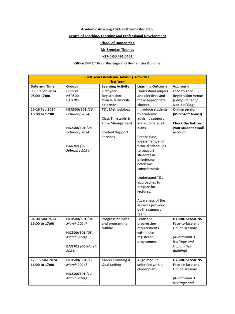 Academic Advising 2024 First Semester Plan | PDF | Learning | Cognitive ...