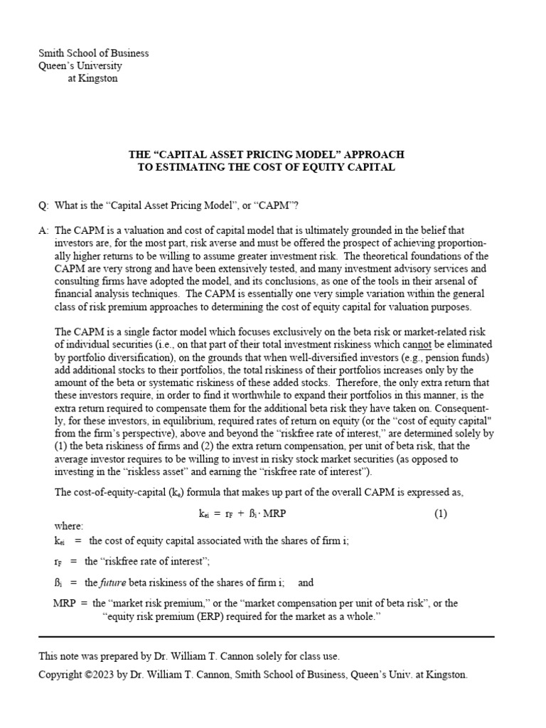 CAPM Approach To Estimating The Cost of Capital - 2023 Version | PDF ...