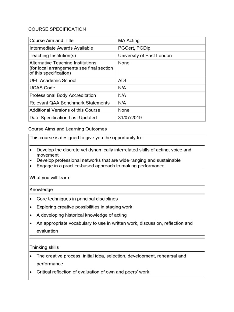 COURSE SPECIFICATION - MA Acting | PDF | Critical Thinking | Lecture