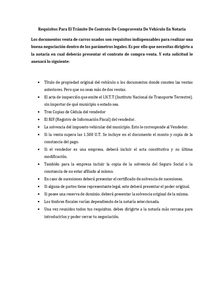 Requisitos Para El Trámite De Contrato De Compraventa De Vehículo En Notaria | PDF