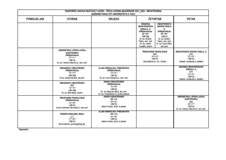 3 Raspored Casova Nastave 2021 2022 III-godina Mehatronika 20 12 2021 | PDF