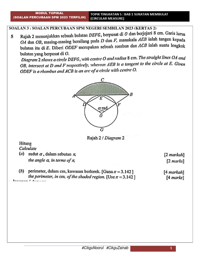 T5 Bab 1 Sukatan Membulat (STPSPM 2023) - Soalan | PDF