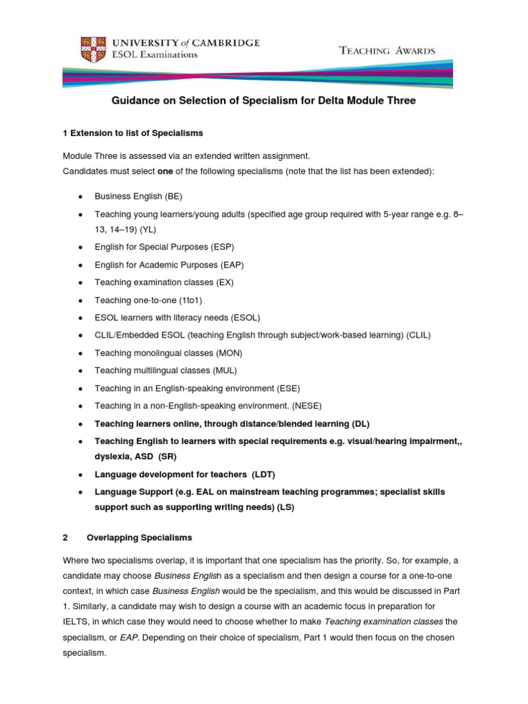Guidance on Selecting and Focusing a Specialism for the Delta Module ...