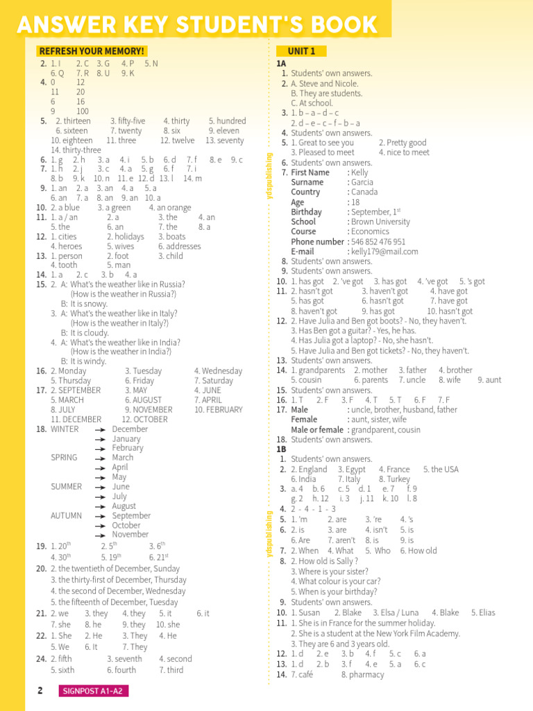 Signpost A1-A2 Answer Key | PDF