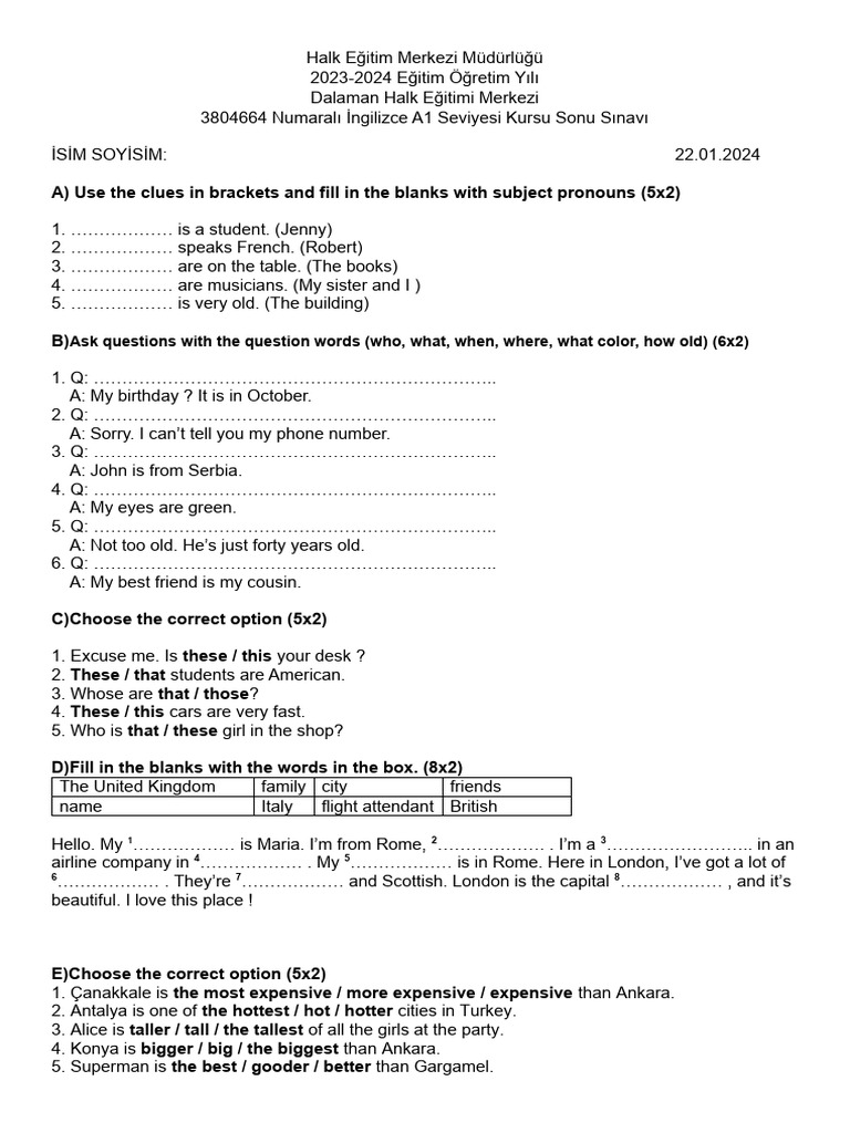 A1 Ingilizce Sınavı | PDF