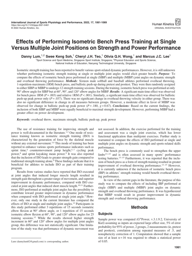 (2022) Iso Bench Press Single Vs Multiple Joint Angles Training | PDF