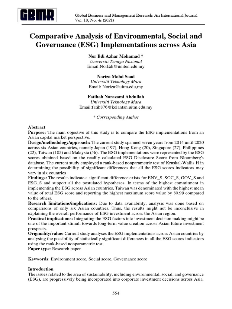 Comparative Analysis of Environmental, Social and Governance (ESG) Implementations Across Asia | PDF