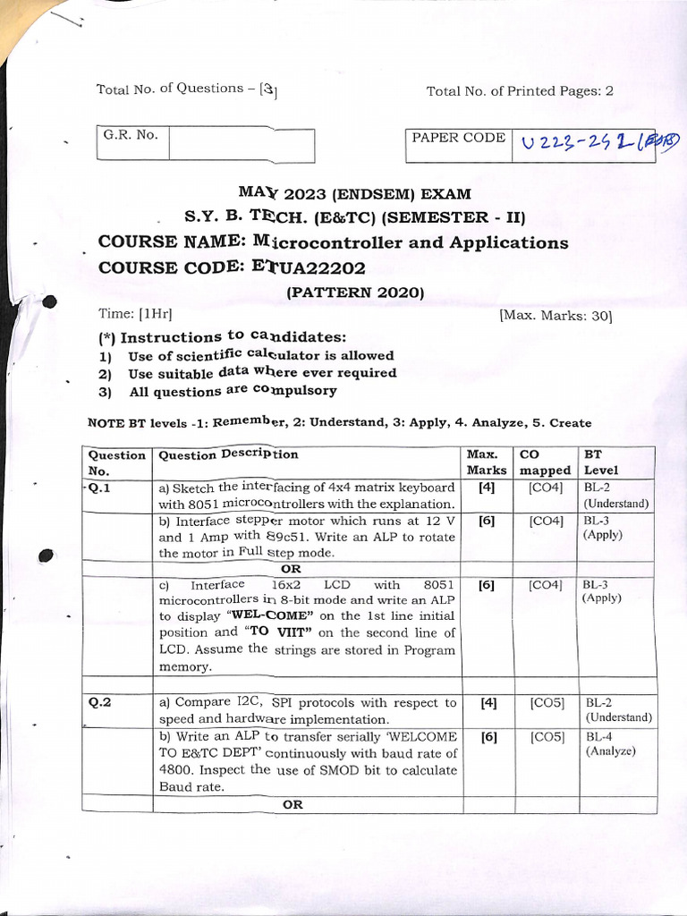 Microcontroller and Applications Sem II Pattern 2020 Endsem Exam May 2023 - ETC | PDF ...