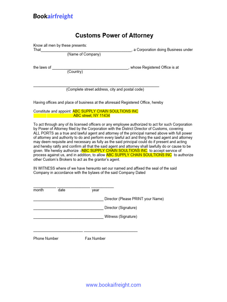 Customs Power of Attorney Template | PDF | Business | Finance & Money ...