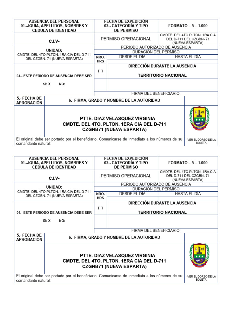 Boleta de Permiso en Blanco | PDF | Autenticación | Gobierno y personalidad