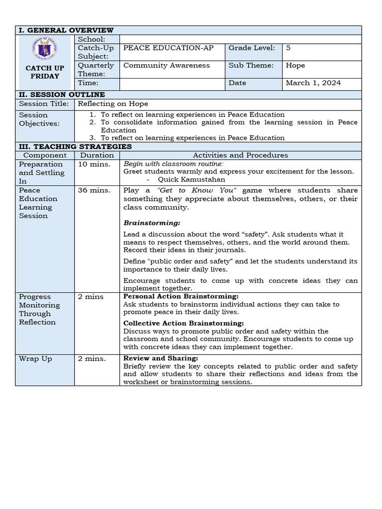 Grade 5 Catch Up Friday March 1 Lesson Plan - SDO SAN JUAN PEACE EDUCATION | PDF | Brainstorming ...