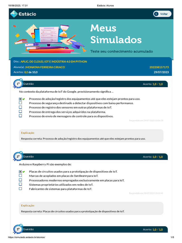 Prova de Python Estácio de Sá | PDF | Arduino | Internet das Coisas