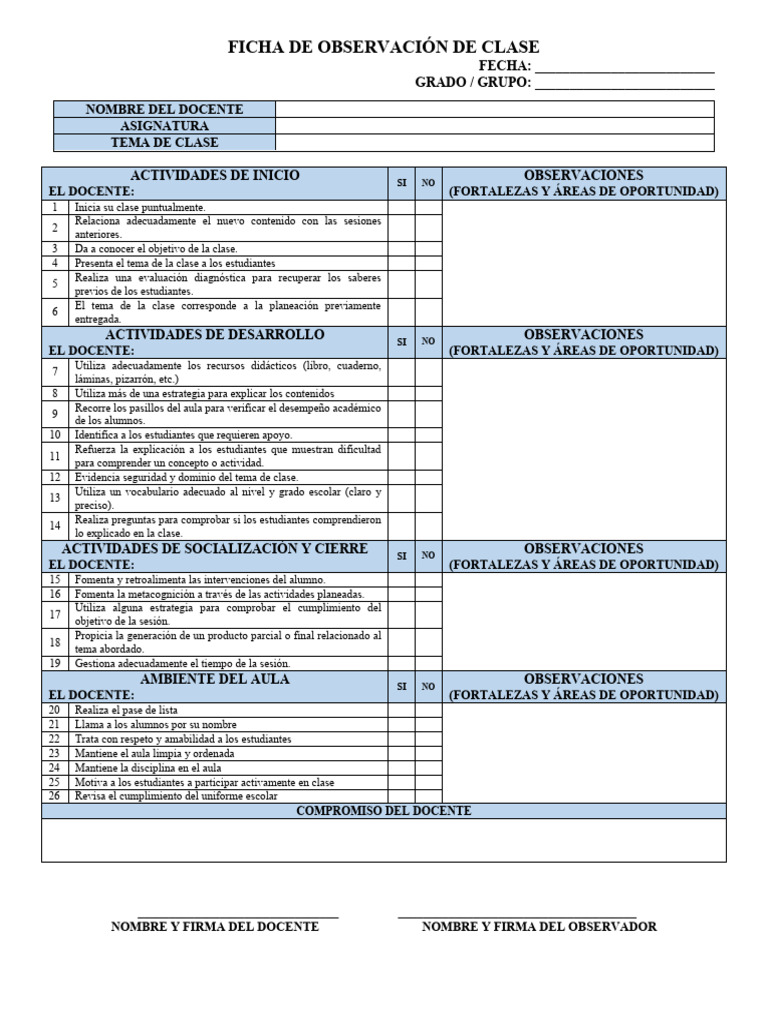 FICHA DE OBSERVACIÓN DE CLASE | PDF | Maestros | Salón de clases