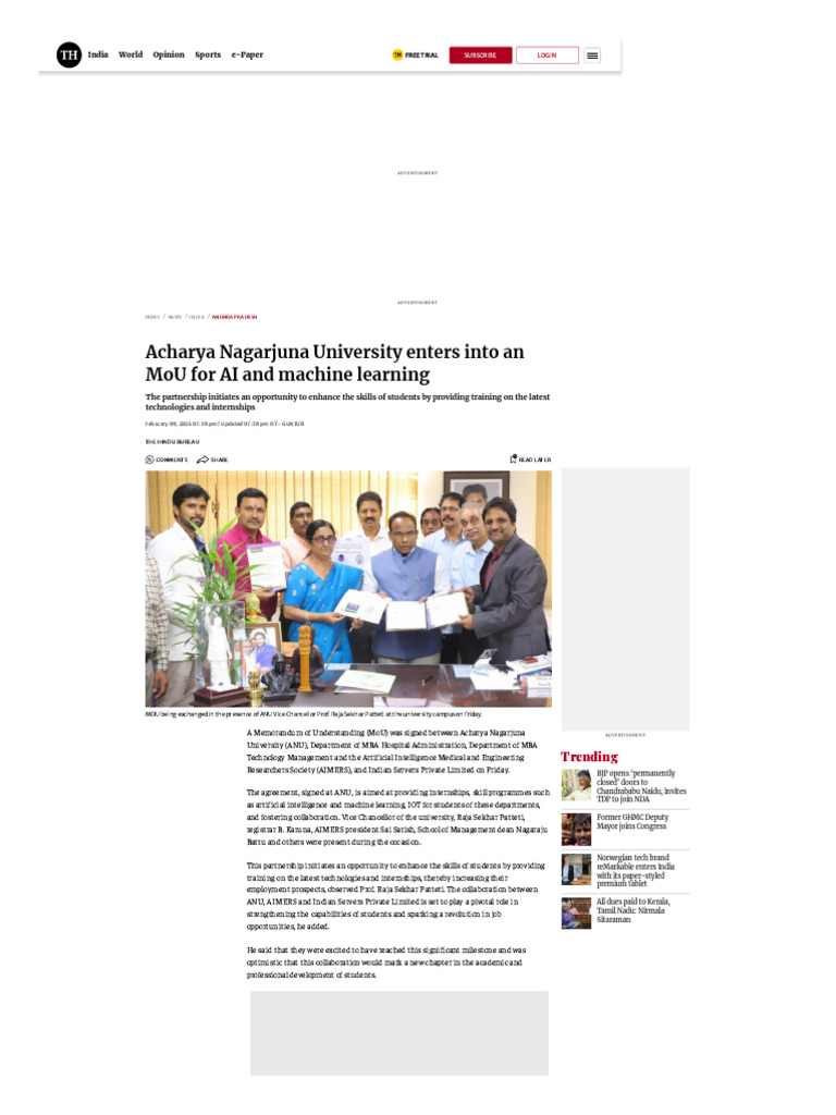 WWW Thehindu Com News National Andhra Pradesh Acharya Nagarjuna University Enters Into An Mou ...
