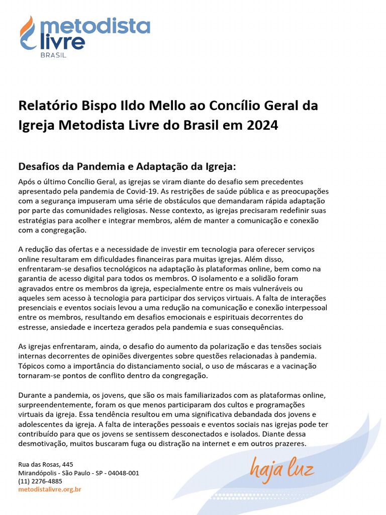 Relatório Do Bispo Ildo Mello Ao Concílio Geral Da Igreja Metodista Livre Do Brasil 2024 | PDF ...