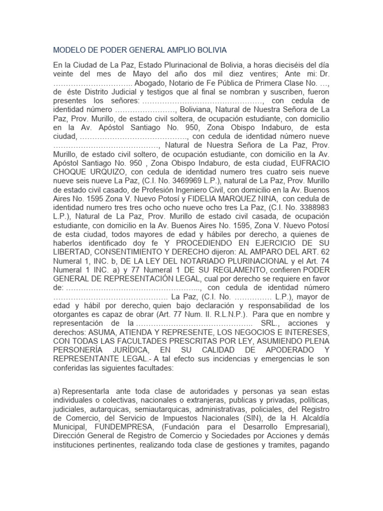 Modelo de Poder General Amplio Bolivia | PDF