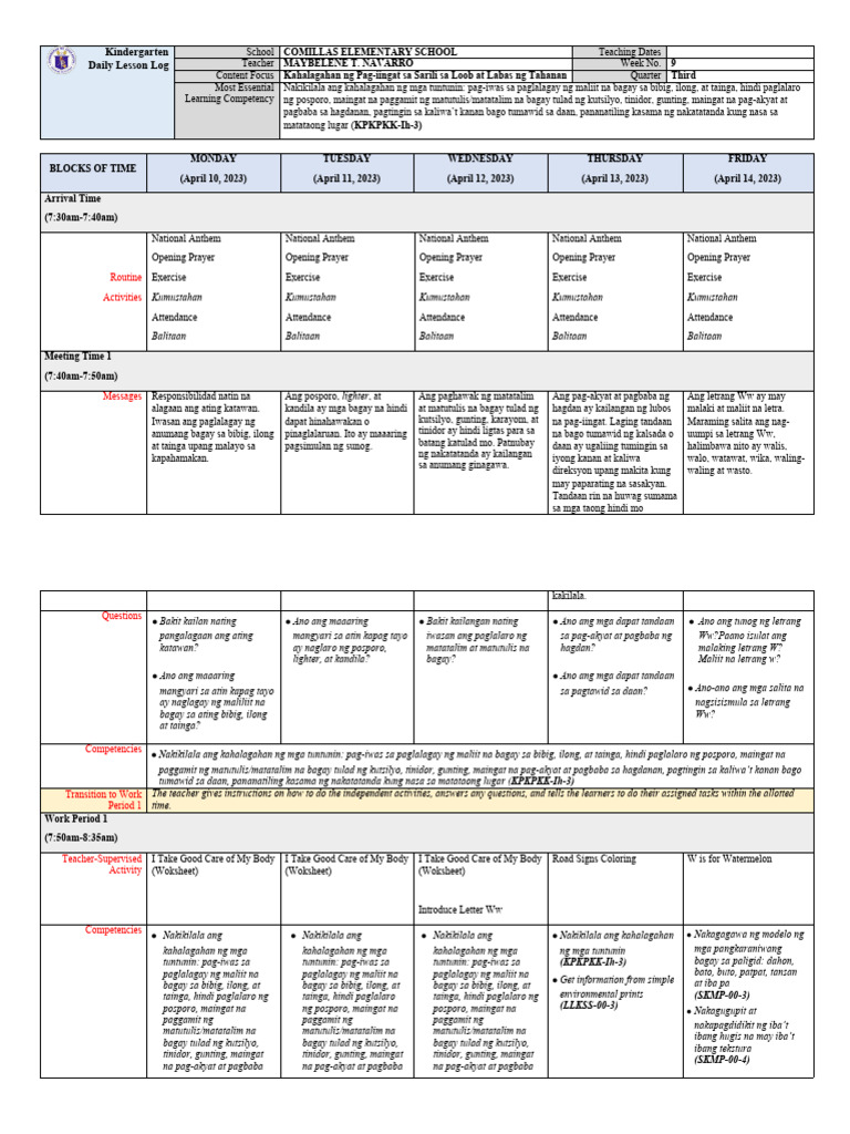 Kindergarten-DLL-MELC-Q3-Week 9 Asf | PDF
