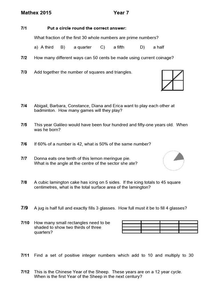 Year 7 Mathex Quiz 2015 Answers | PDF | Numbers | Elementary Mathematics