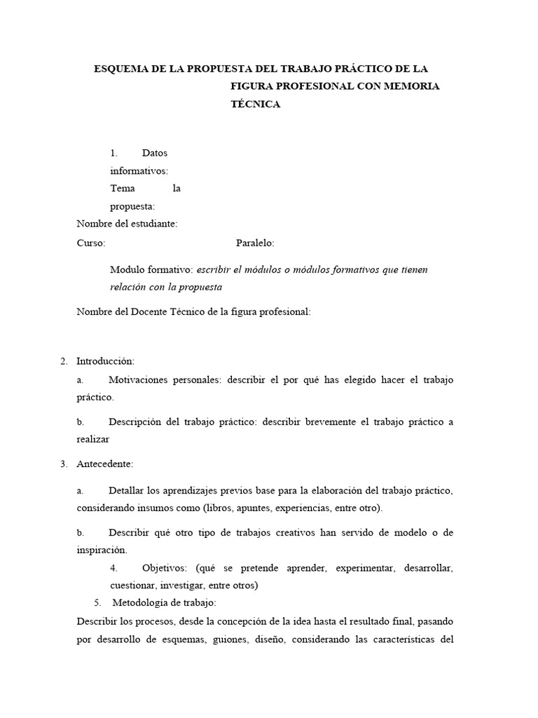 Esquema de La Propuesta Del Trabajo Práctico de La Figura Profesional Con Memoria Técnica | PDF ...